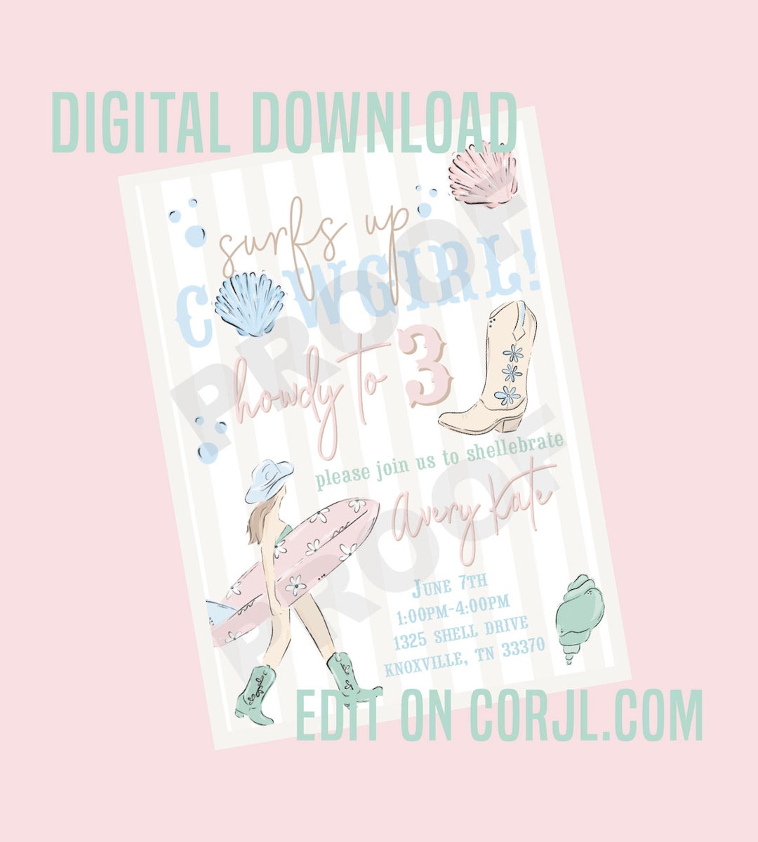 Coastal Cowgirl Birthday Invite Digital Download Coastal Themed ...