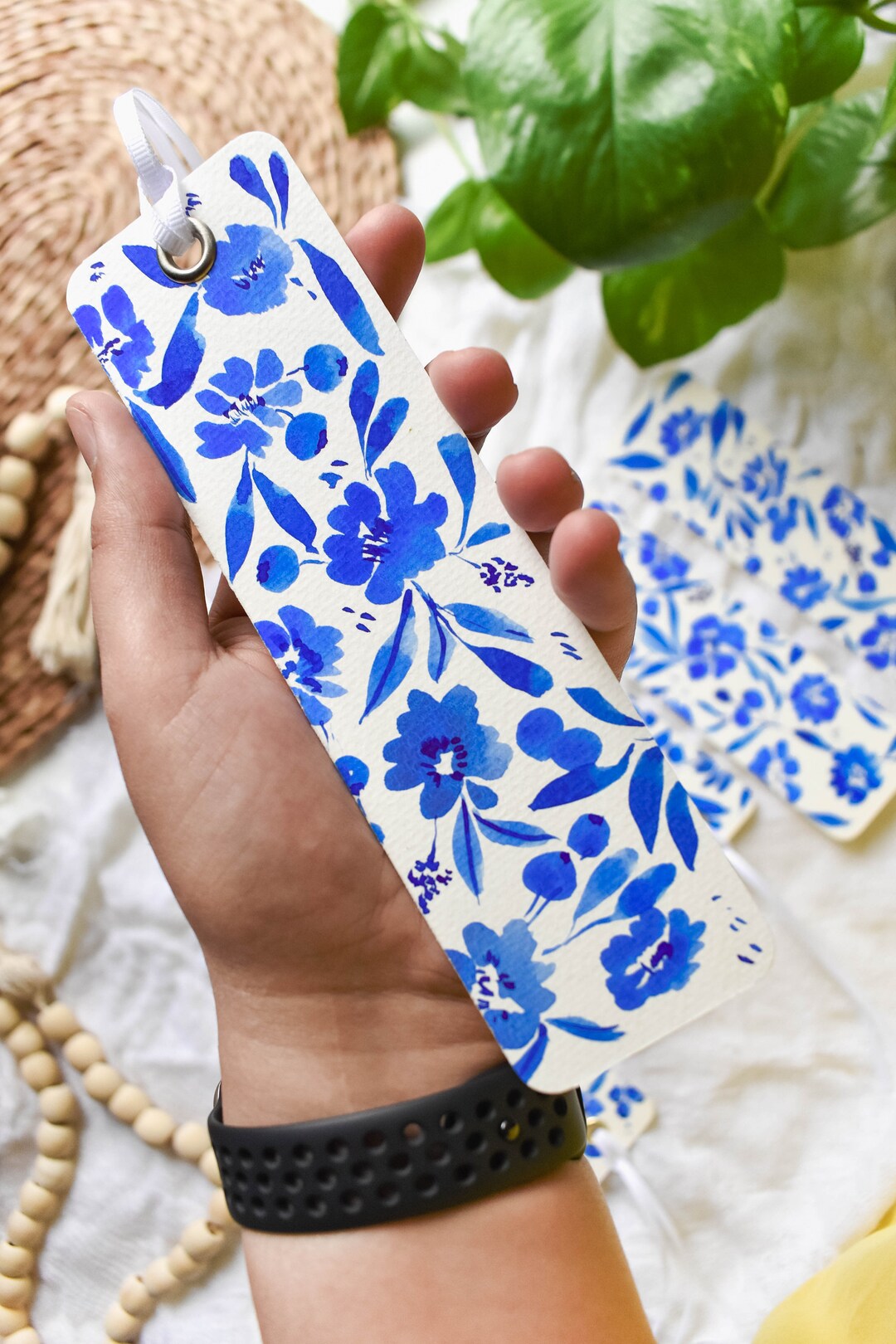 Hand Painted Blue Flower Watercolor Bookmark, With Ribbon Tassel. - Etsy