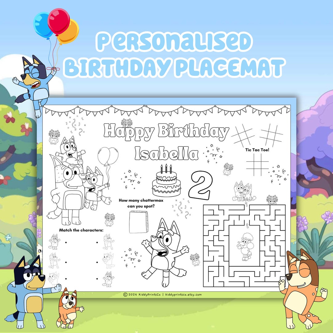 Bluey Birthday Placemat, Custom Activity Sheet, Bluey Printables ...