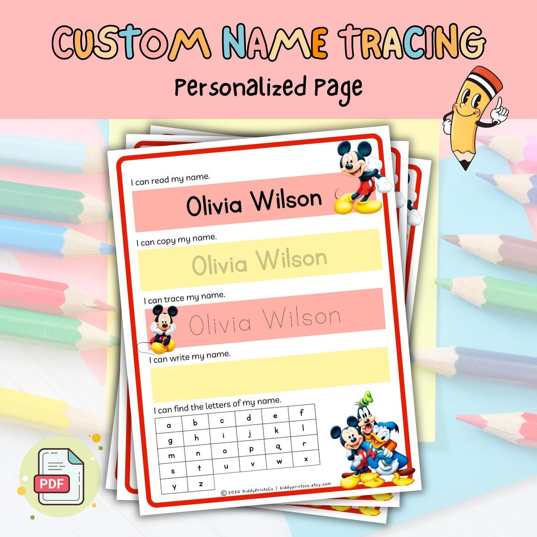 Mickey Mouse Custom Name Tracing Sheet Handwriting Practice ...