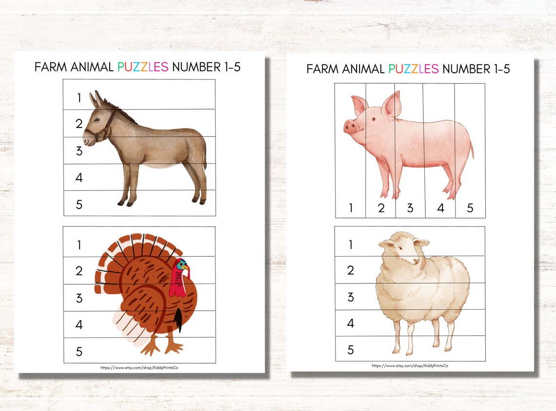 Farm Animal Printable Puzzle Number 1-5 Preschool Farm Animal - Etsy