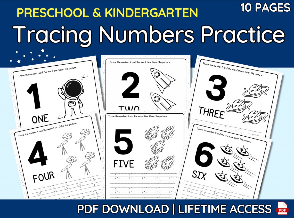 Tracing Numbers Printables Space Theme Worksheets Kindergarten - Etsy