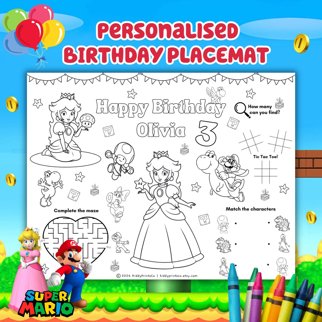Princess Peach Birthday Placemat, Custom Activity Sheet, Princess Peach ...