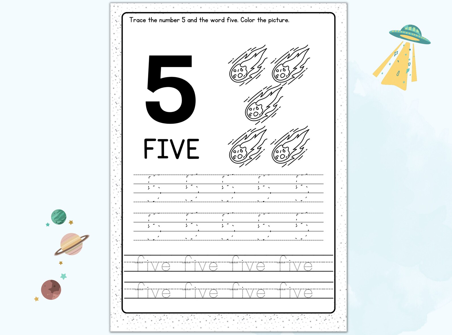 Tracing Numbers Printables Space Theme Worksheets Kindergarten - Etsy