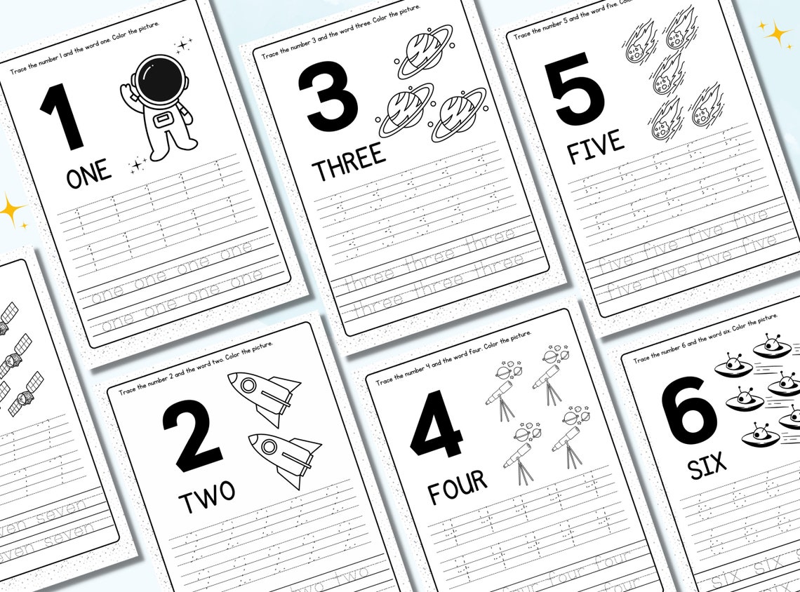 Tracing Numbers Printables Space Theme Worksheets Kindergarten - Etsy