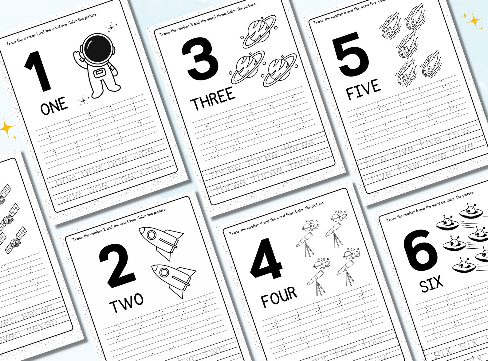 Tracing Numbers Printables Space Theme Worksheets Kindergarten - Etsy