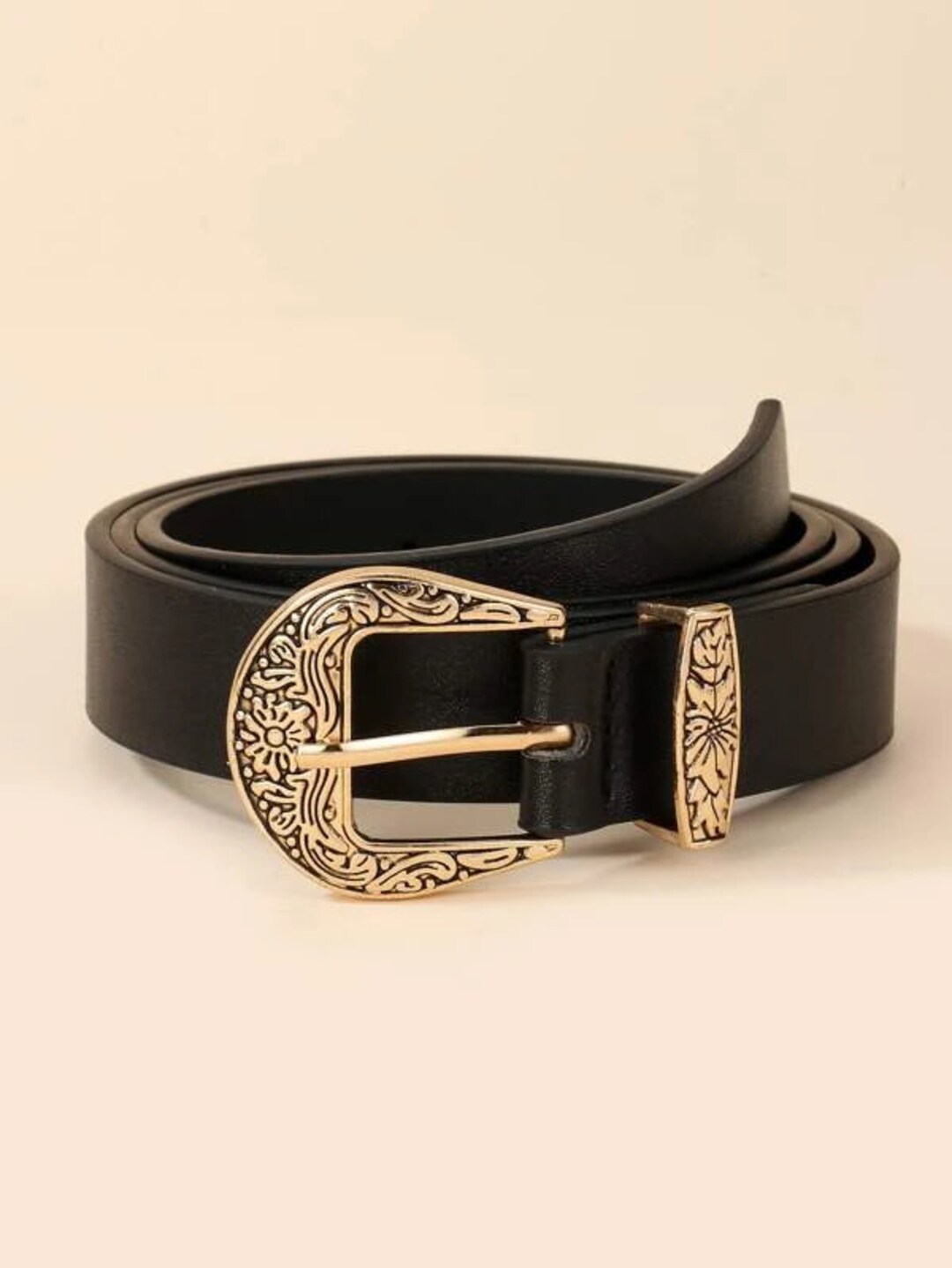 Embossed Flower Buckle Black Leather Belt, Flower Buckle Belt, Western ...