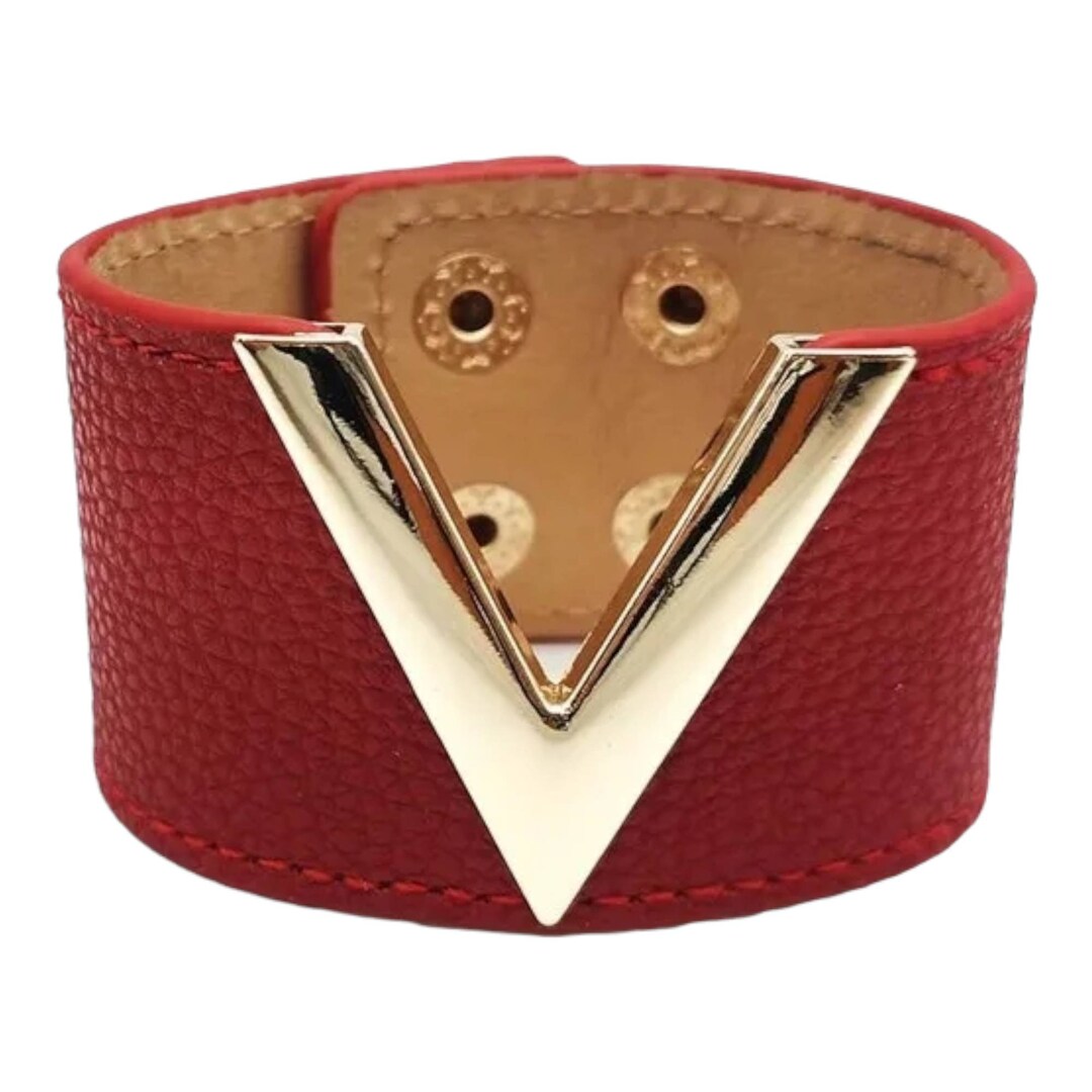 Red V Bracelet, Red Cuff Bracelet, Adjustable Red Bracelet, Red Leather ...