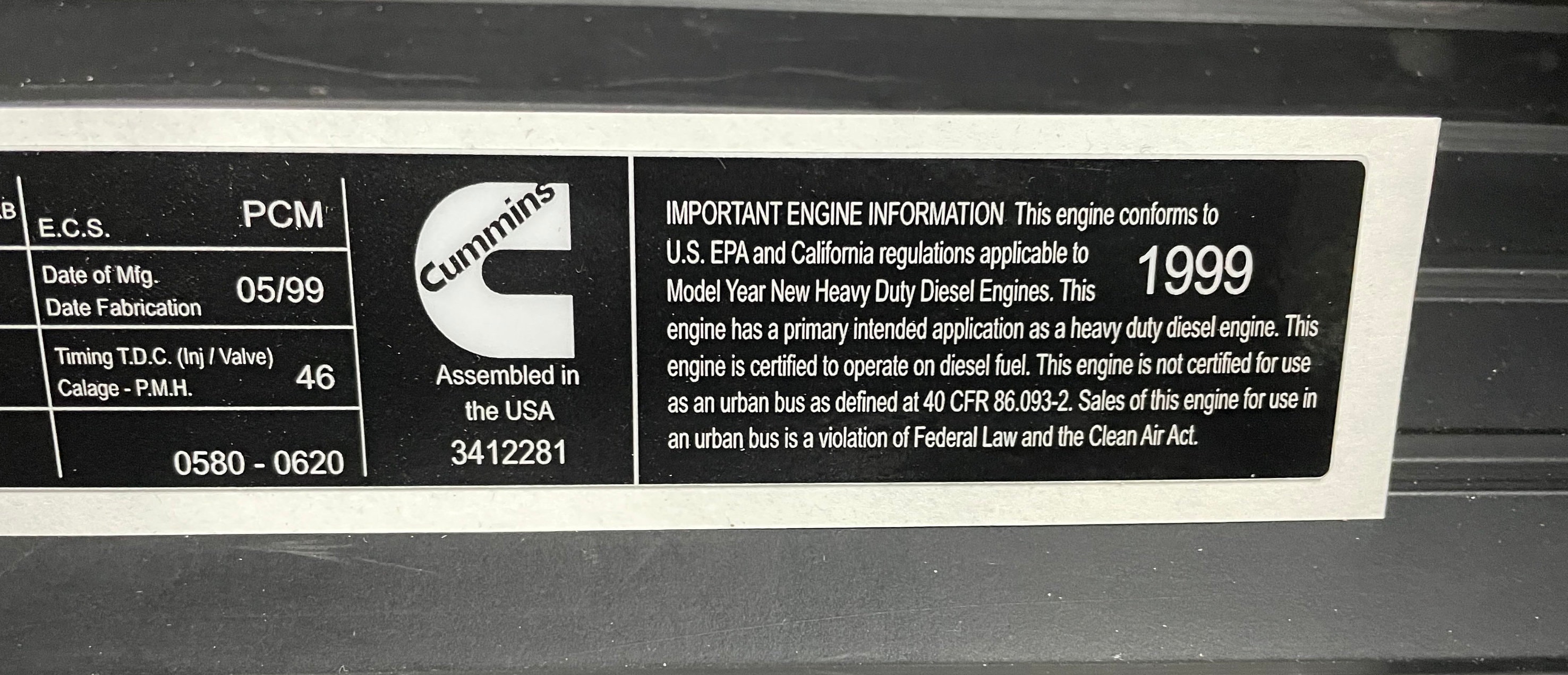 CUMMINS SIGNATURE 600 Black Edition Diesel Engine Valve Cover 1999 Tag ...