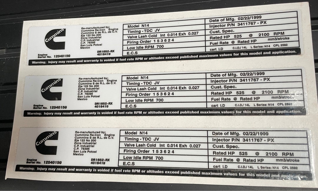 CUMMINS N14 Diesel Engine Valve Cover 1999 Tag ID Sticker Decal - Etsy