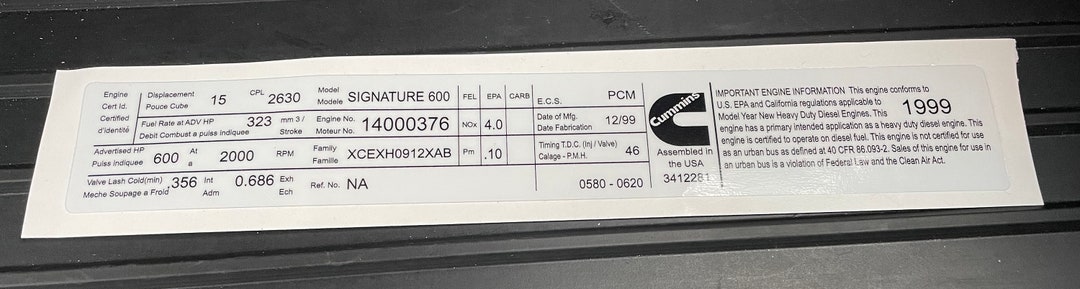 CUMMINS SIGNATURE 600 Diesel Engine Valve Cover 1999 Tag ID Sticker ...