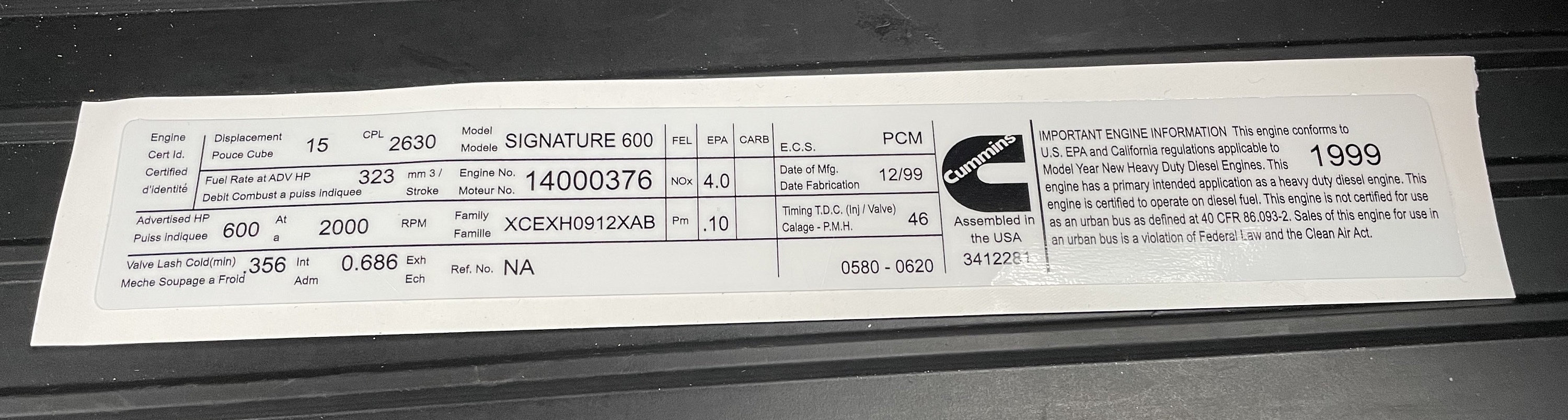 CUMMINS SIGNATURE 600 Diesel Engine Valve Cover 1999 Tag ID Sticker ...