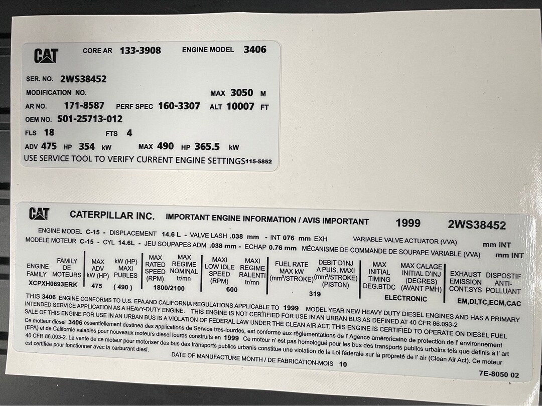 Caterpillar C15 3406 14.6L Diesel Engine Valve Cover 1999 Tag ID CAT C ...