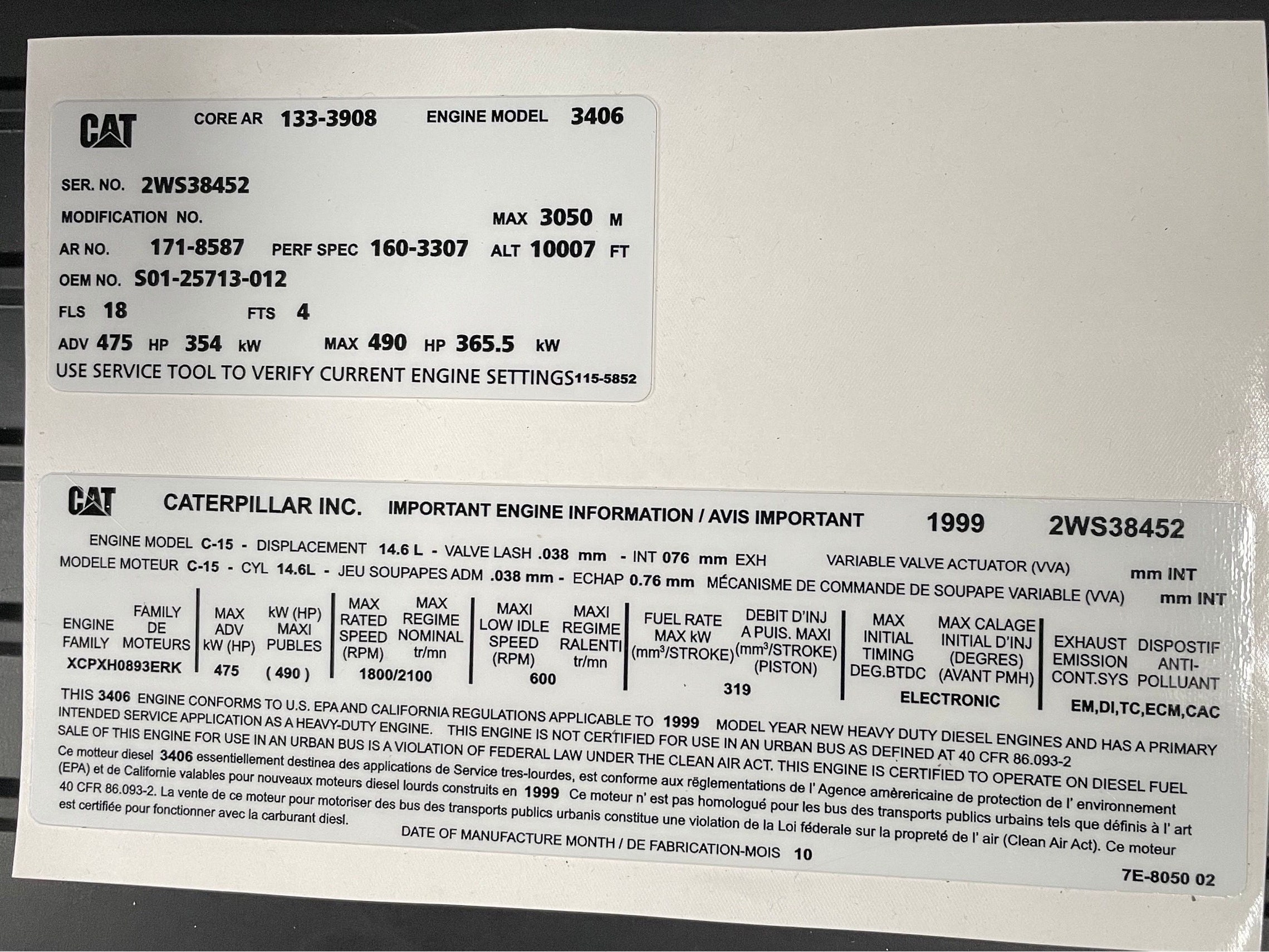 Caterpillar C15 3406 14.6L Diesel Engine Valve Cover 1999 Tag ID CAT C ...