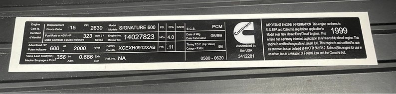 CUMMINS SIGNATURE 600 Black Edition Diesel Engine Valve Cover 1999 Tag ...