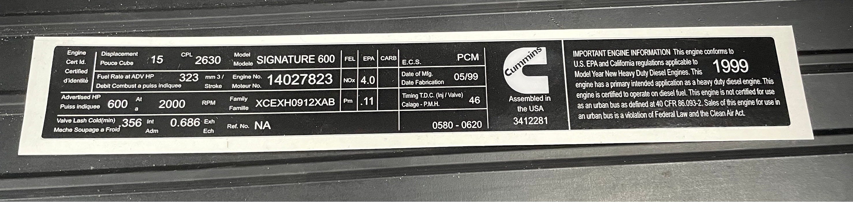 CUMMINS SIGNATURE 600 Black Edition Diesel Engine Valve Cover 1999 Tag ...