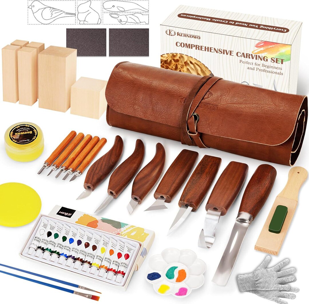46pcs Wood Carving Kit – Whittling Knives, Detail Tools, Paint Set and ...