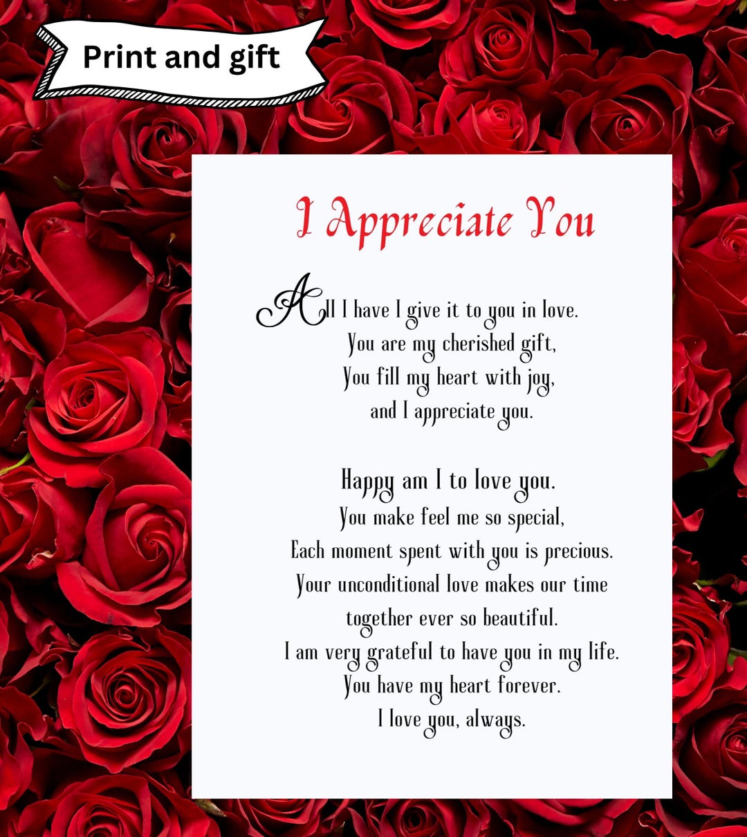 Appreciation Poem: Heartfelt Love Gift, Printable Wall Art (PDF) - Etsy