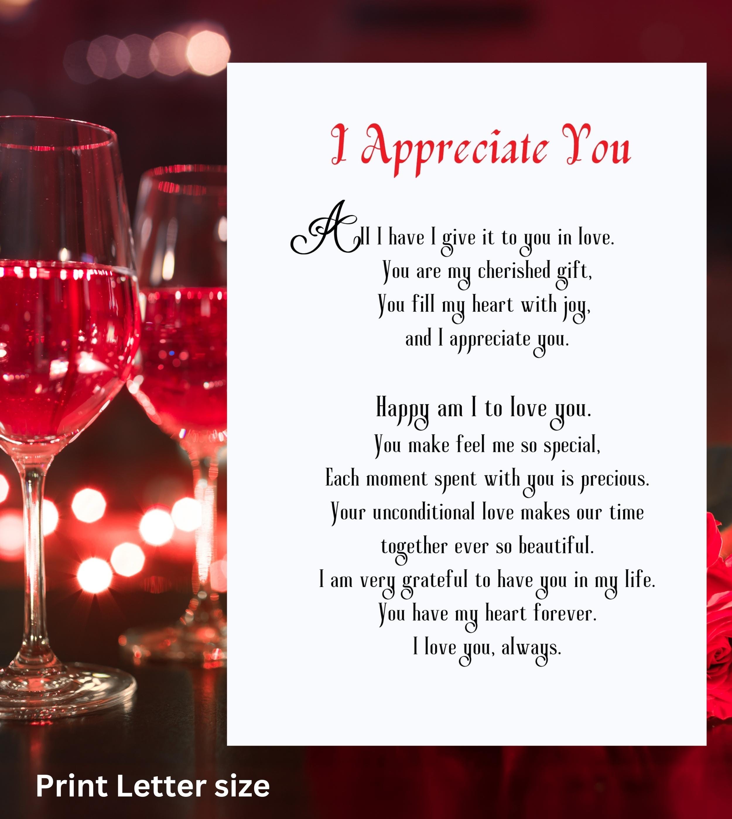 Appreciation Poem: Heartfelt Love Gift, Printable Wall Art (PDF) - Etsy