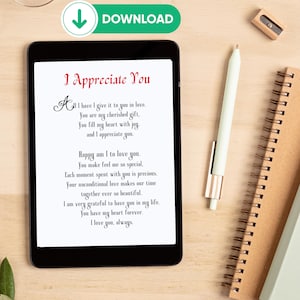 Appreciation Poem: Heartfelt Love Gift, Printable Wall Art (PDF) - Etsy