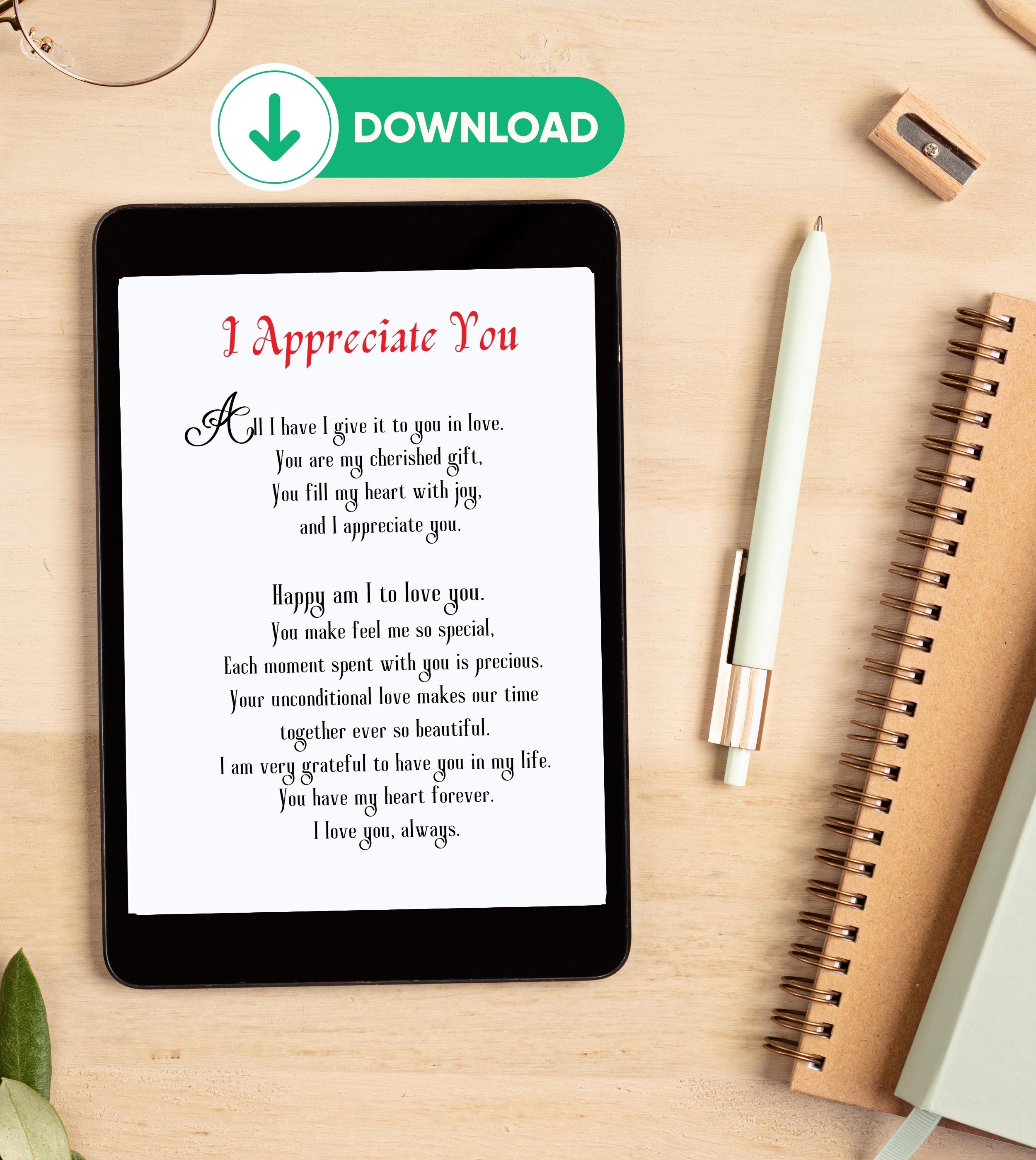 Appreciation Poem: Heartfelt Love Gift, Printable Wall Art (PDF) - Etsy