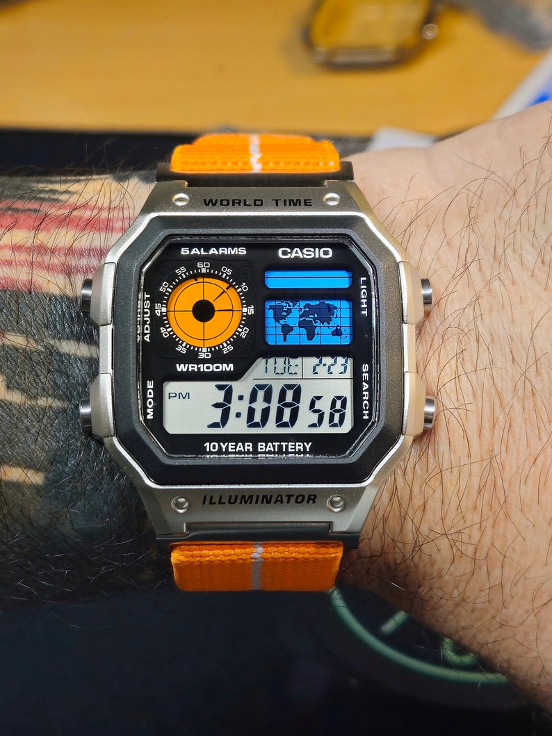 Custom Casio AE-1200 Watch: Silver Case, Orange Elastic Strap, Hydromod ...