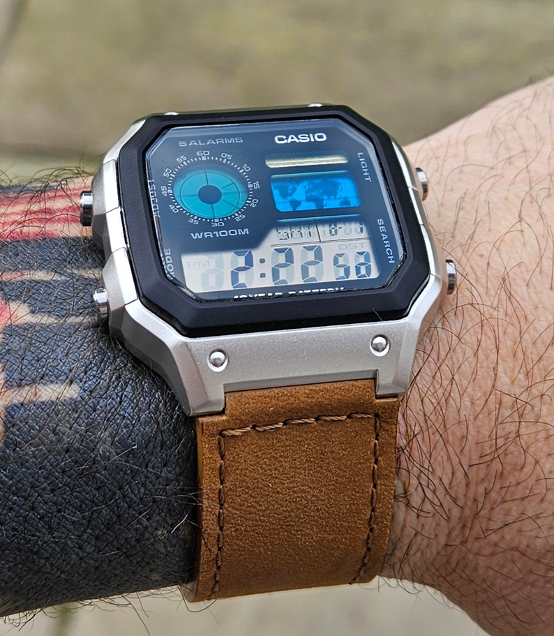 Custom Casio AE-1200 Mod Watch: Silver Case, Leather Strap, Hydromod - Etsy