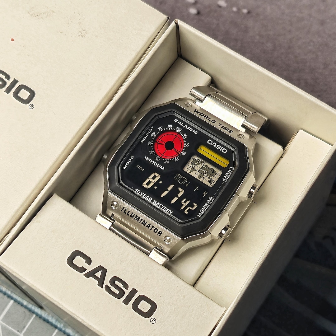 Custom Casio AE-1200 Watch: Silver Resin, Negative LCD, Hydromod, Engraved Bracelet - Etsy