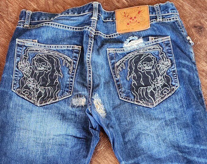 ED Hardy Mens Denim Jeans Grim Reaper 2009 Size 36x32 New Rare Old ...
