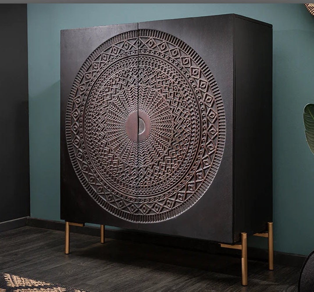 Mandala Solid Mango Wood Black Highboard Cabinet / Sideboard - Etsy UK