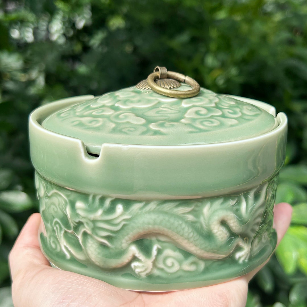Vintage Ceramic Ashtray With Lid,home Living Room Desktop Green Ashtray ...