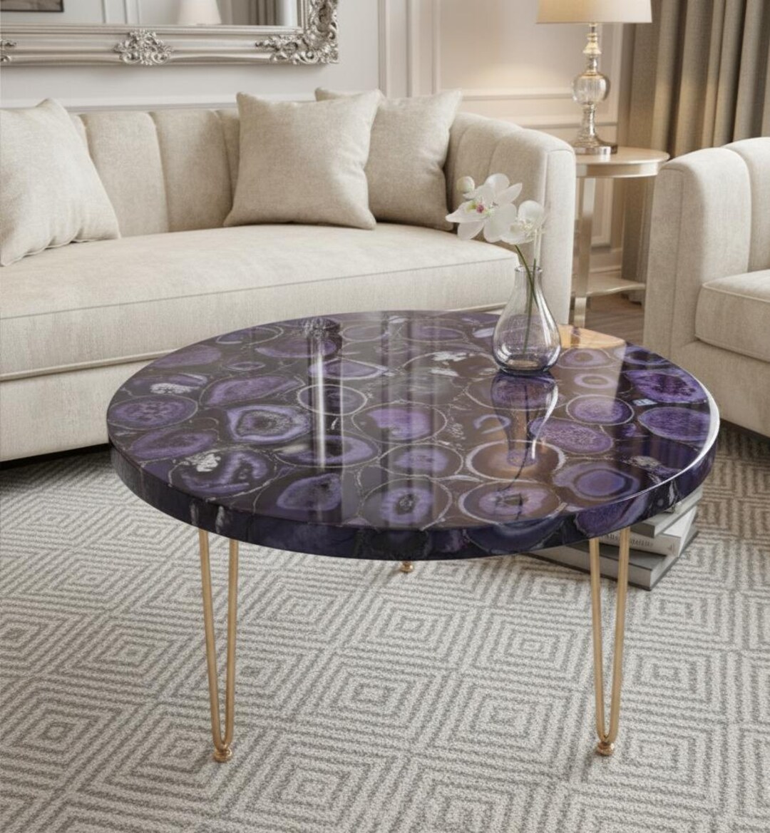 Handcrafted Round Purple Agate Coffee Table Luxury Gemstone Tabletop ...