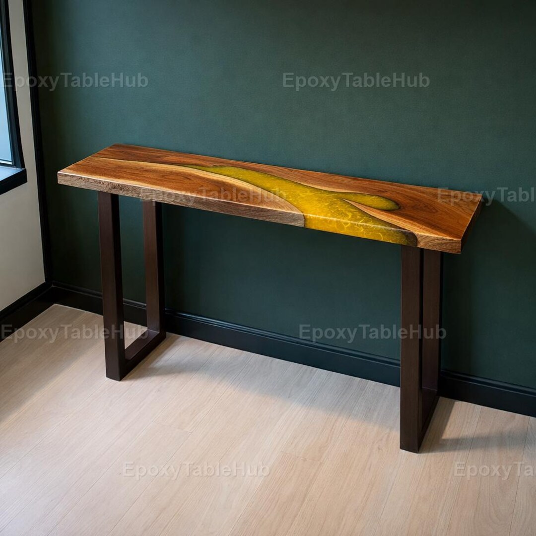 Handcrafted Live Edge Epoxy River Console Table – Golden Amber Resin ...