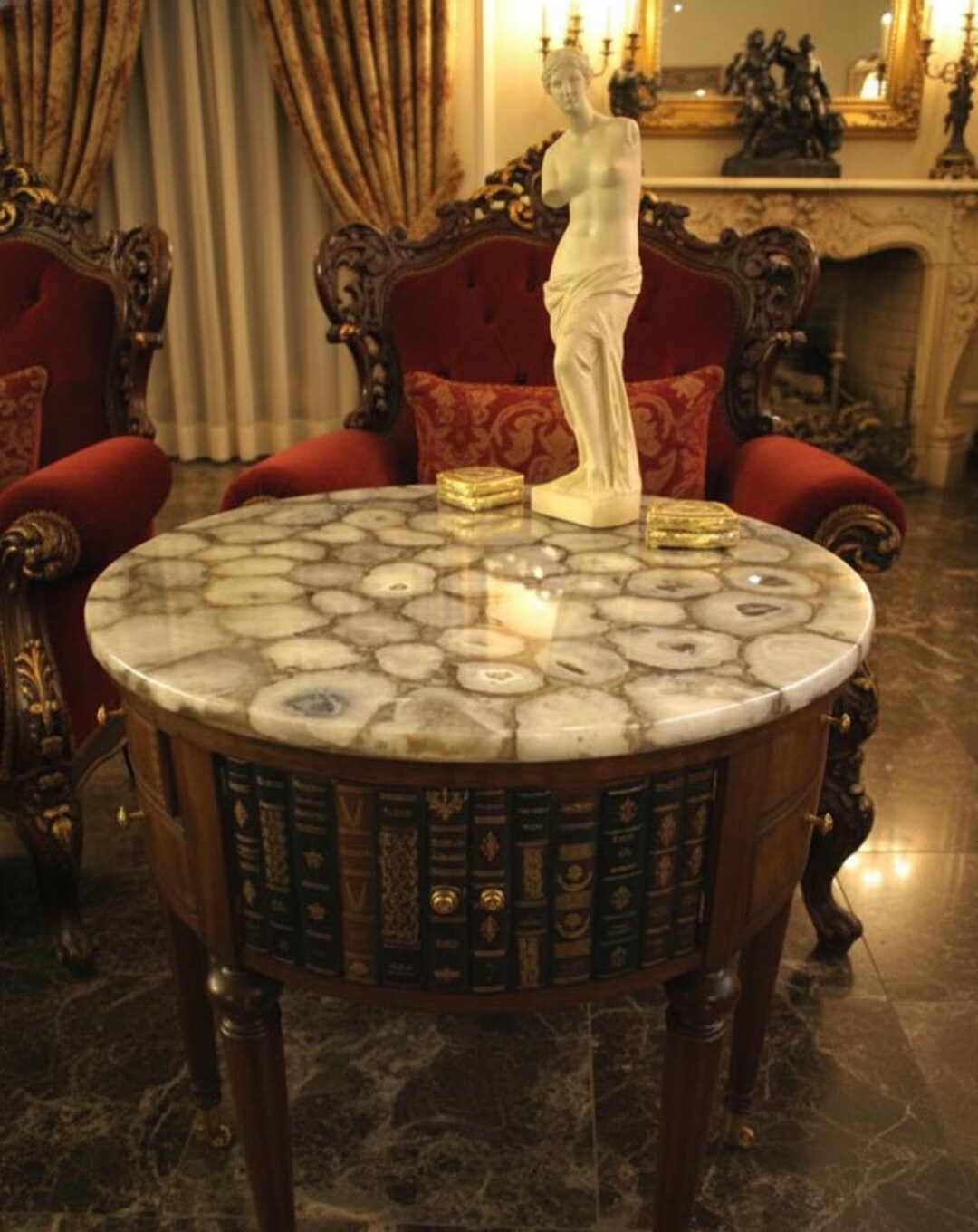 Agate Geode Top Drum Table With Red Velvet Throne Chairs | Luxury ...