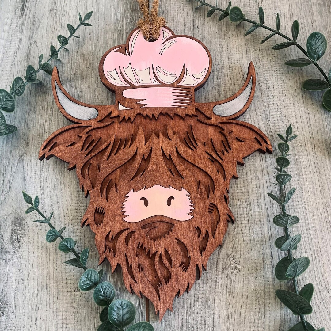 Highland Cow Layered Wall Hanging Sign Stained Natural Wood Farmhouse ...