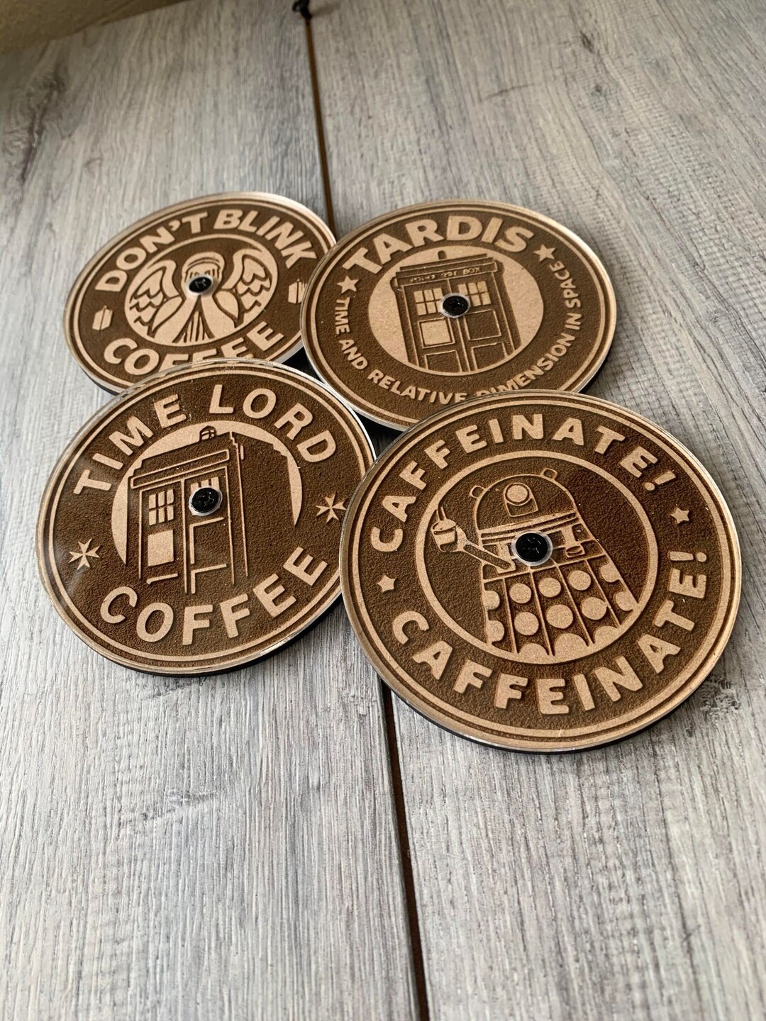 Engraved Doctor Who Coaster Set Wood Acrylic Coffee Gift Tardis Darlek ...