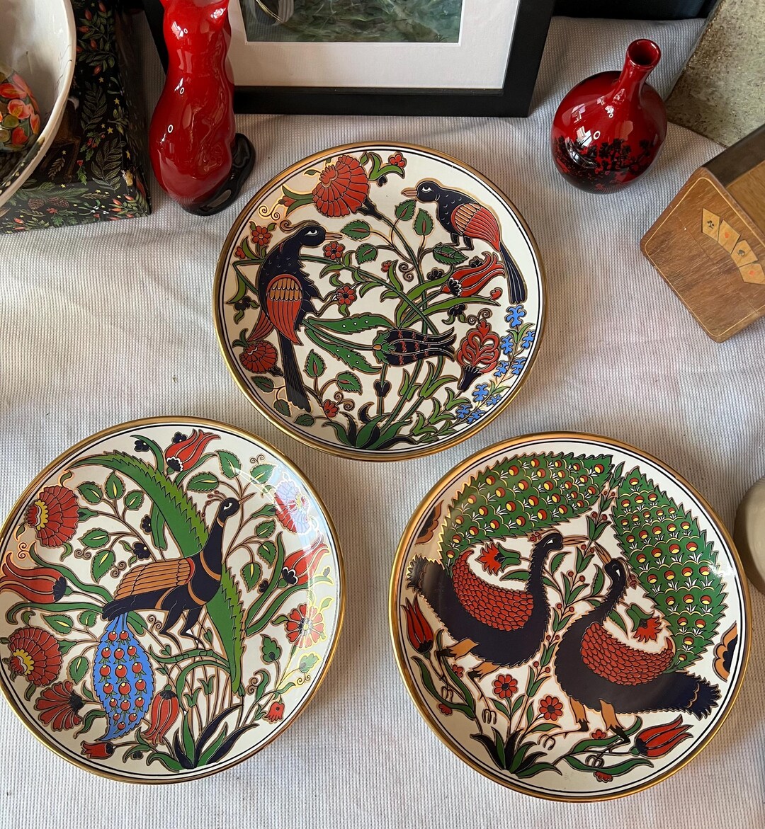 Hand Painted 24K Gold Ceramic Plates: Greek Bird Motif Decor (set of 3 ...