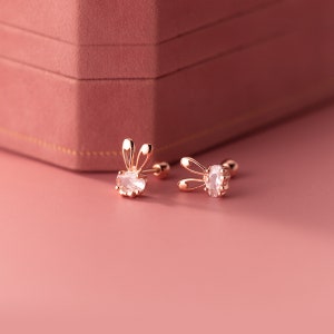 925 Sterling Silver Rabbit Bunny Ears Stud Earrings, Cute Zircon Rabbit ...