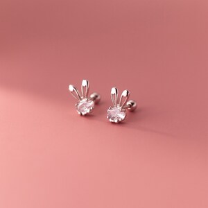 925 Sterling Silver Rabbit Bunny Ears Stud Earrings, Cute Zircon Rabbit ...