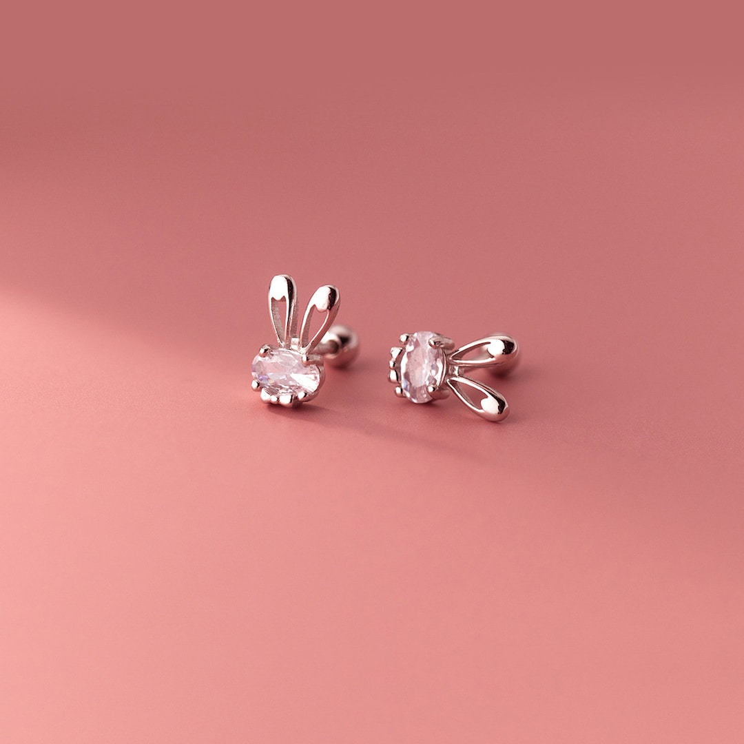 925 Sterling Silver Rabbit Bunny Ears Stud Earrings, Cute Zircon Rabbit ...