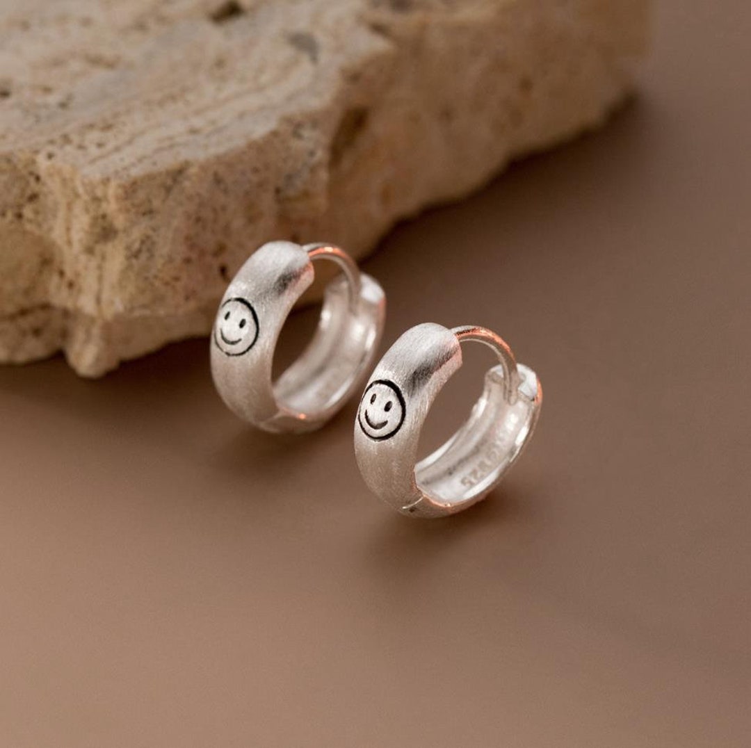 Smiley Hoops, Enamel Hoops, Happy Face Earrings, Silver Earrings, Gold ...