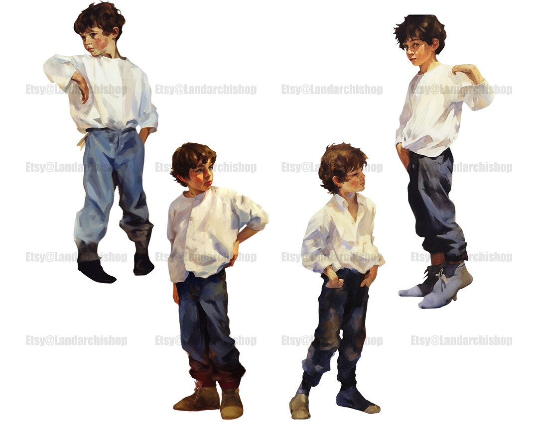 4 Flat People Boy Cutout Art Oil Painting Style, Clip Art, Landscape ...