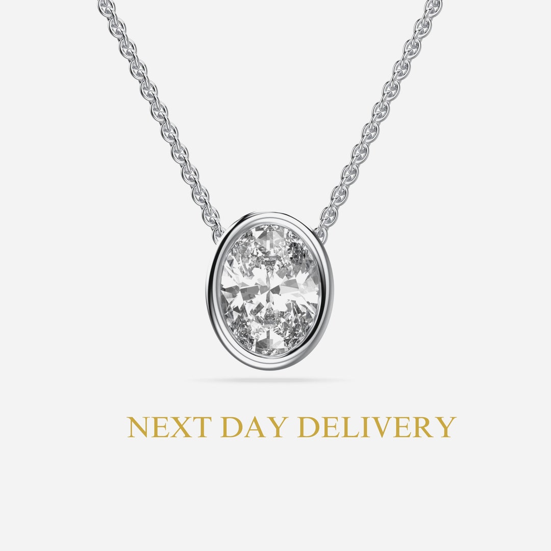 Oval Cut Bezel Stand Solitaire Necklace Wedding Pendant, 14K White Gold ...