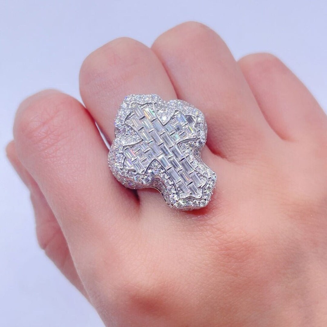 Baguette Mix Round VVS Moissanite Diamond Cross Ring/ Bling Moissanite ...