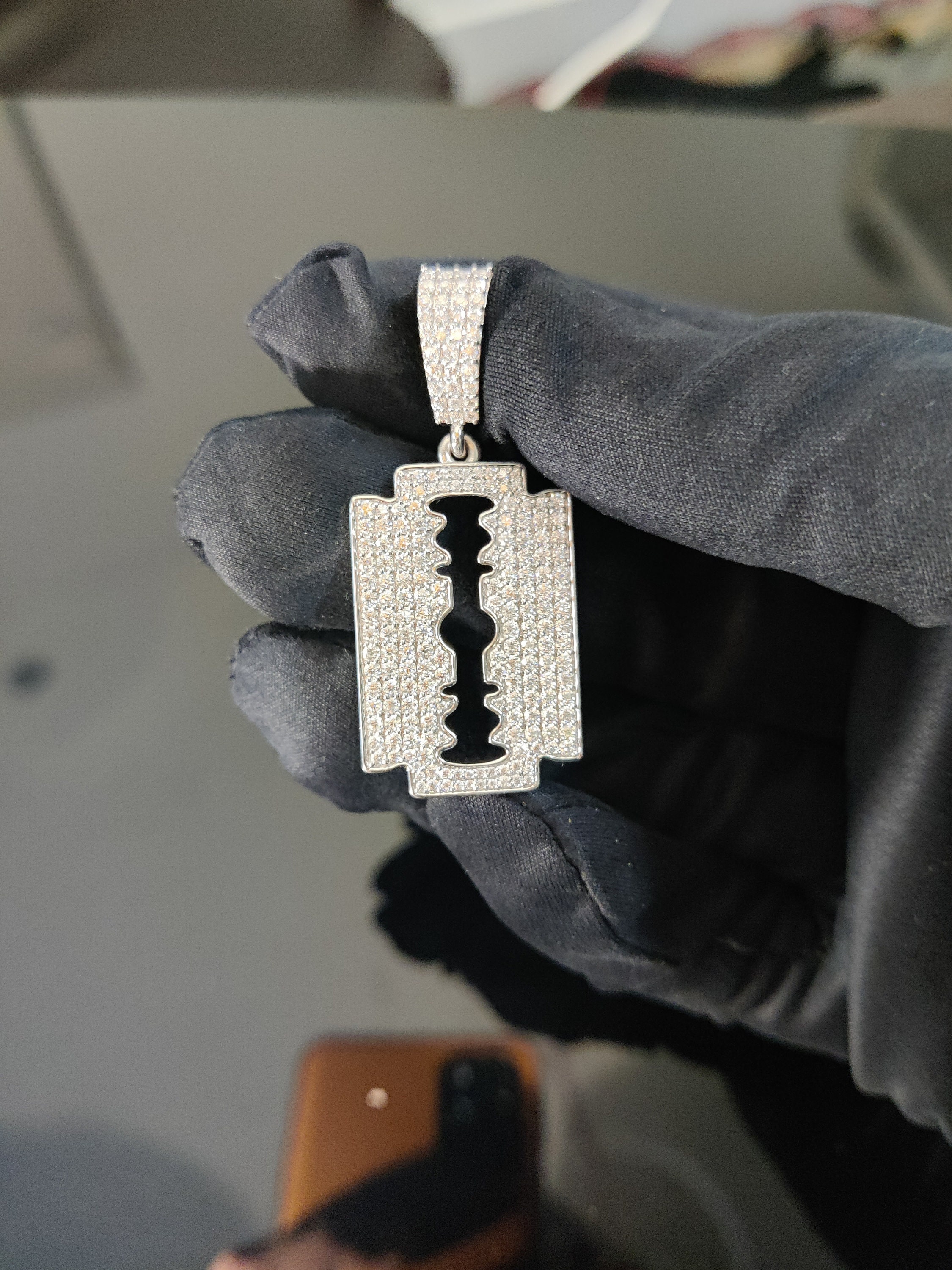 Razor Blade Diamond Pendant / Baby Size Razor Blade Moissanite Diamond ...