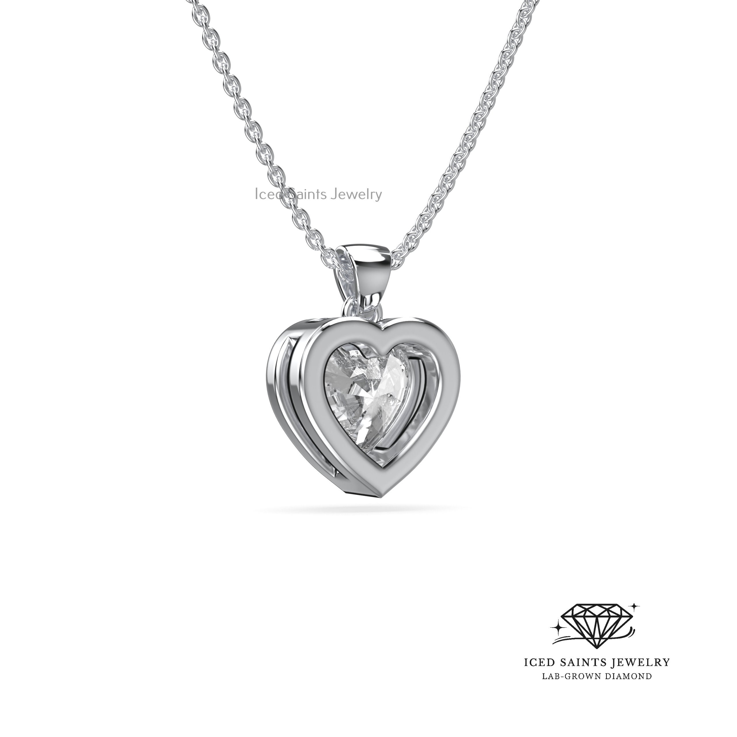 Heart Cut Bezel Set Solitaire Necklace Wedding Pendant, 14K White Gold ...