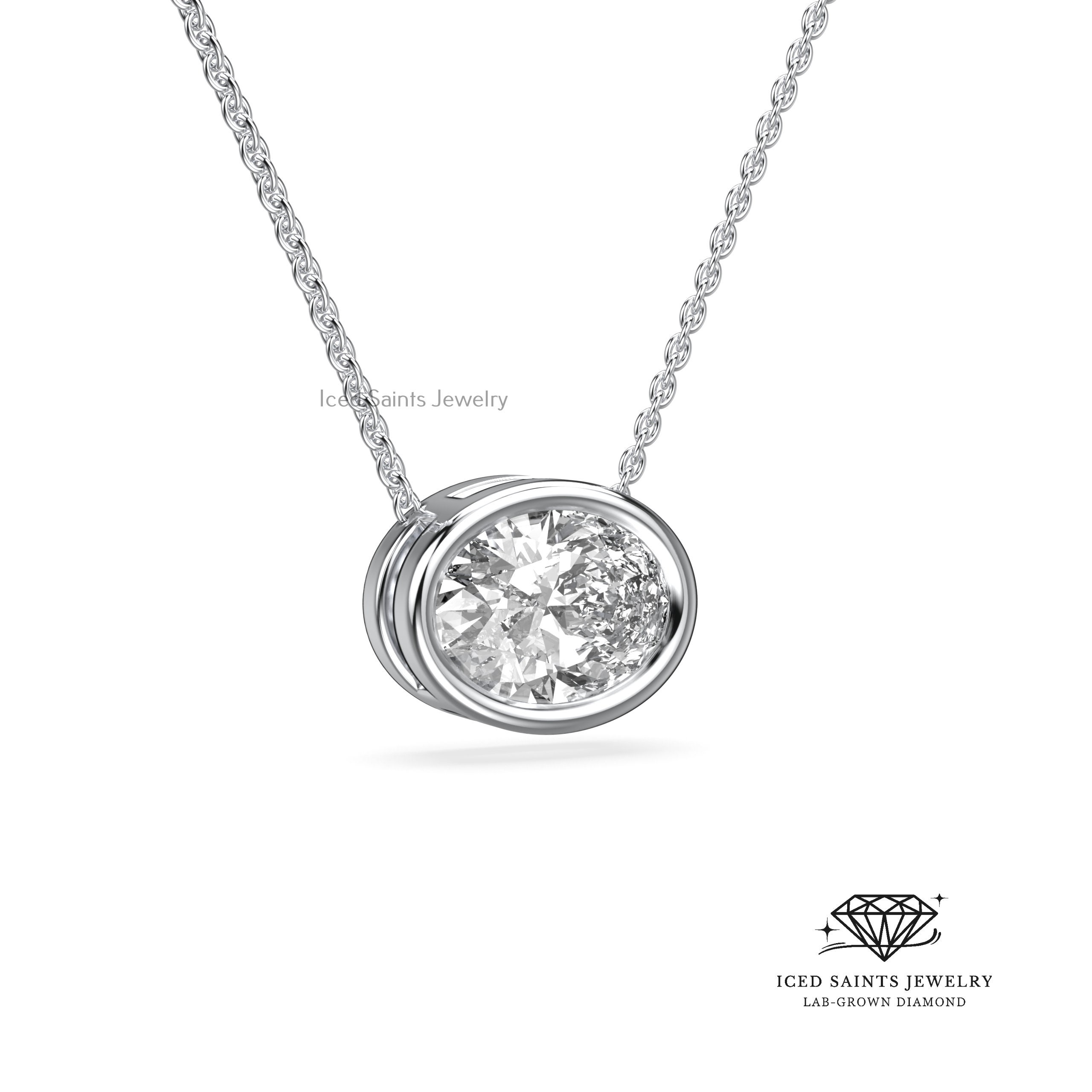 Oval East West Bezel Solitaire Necklace Wedding Pendant, 14K White Gold ...
