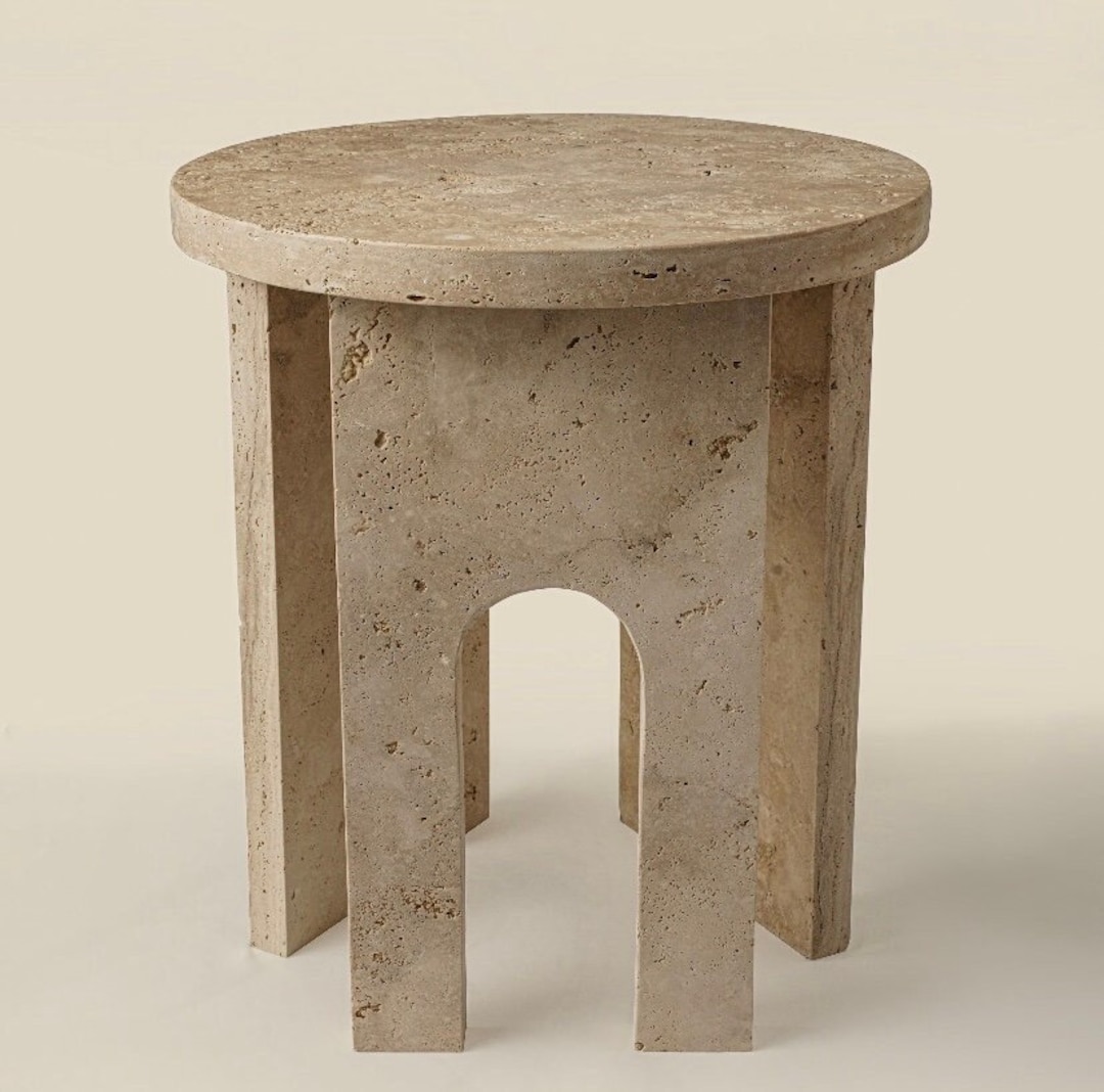 SIDE TABLE ROUND, Travertine Handmade Beige Round Side Table With U Leg ...
