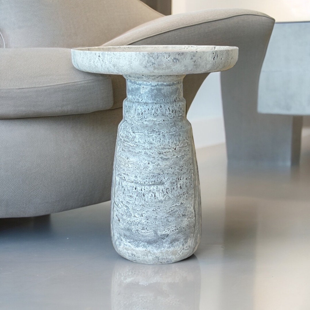 TRAVERTINE COFFEE TABLE, Silver Travertine Stone Round Accent Table ...