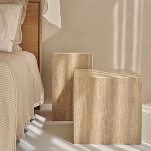 CUBE NIGHTSTAND TRAVERTINE, Natural Stone Cubic Side Table, Beige ...